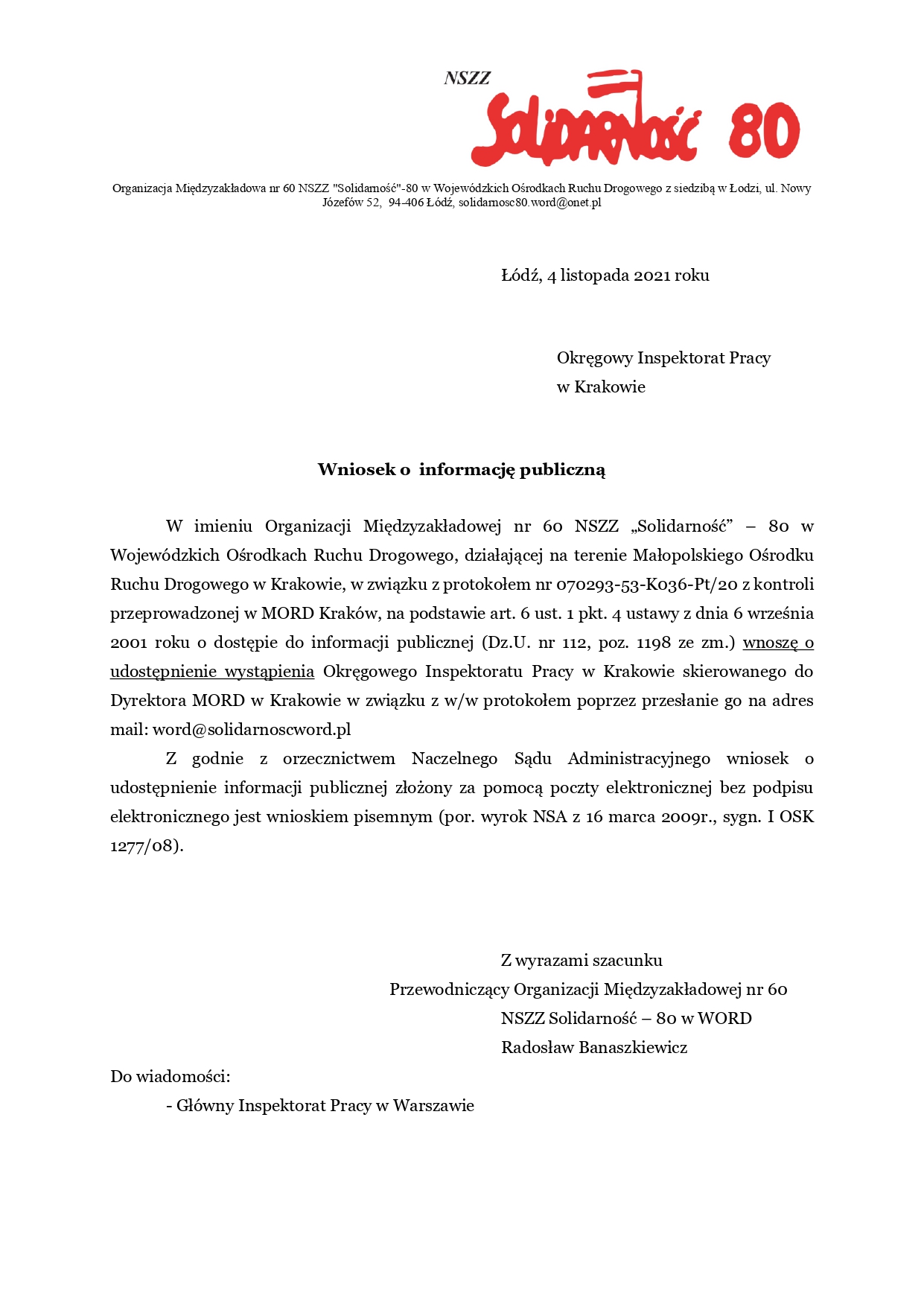 NSZZ "Solidarność"-80 w WORD » Wniosek o informację publiczną do PIP w Krakowie