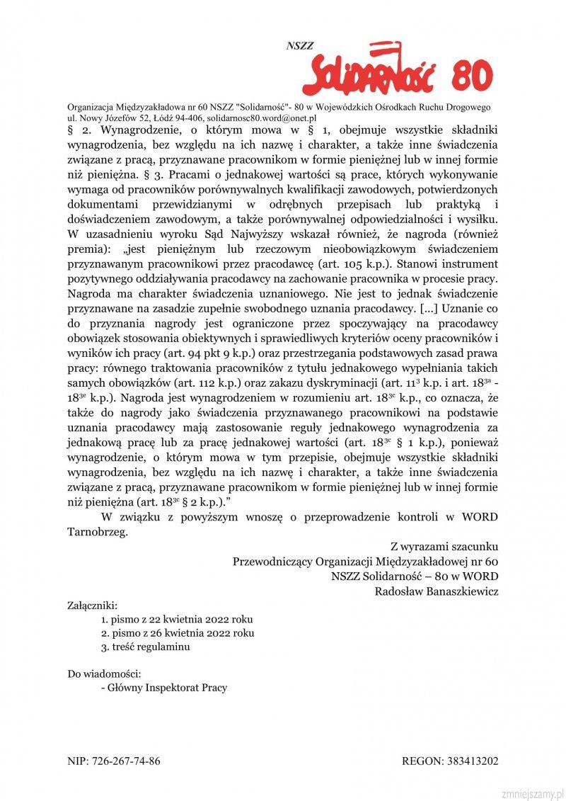 NSZZ "Solidarność"-80 w WORD » Skarga do PIP