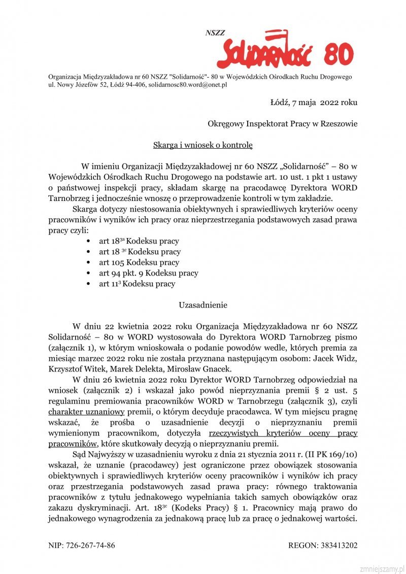 NSZZ "Solidarność"-80 w WORD » Skarga do PIP