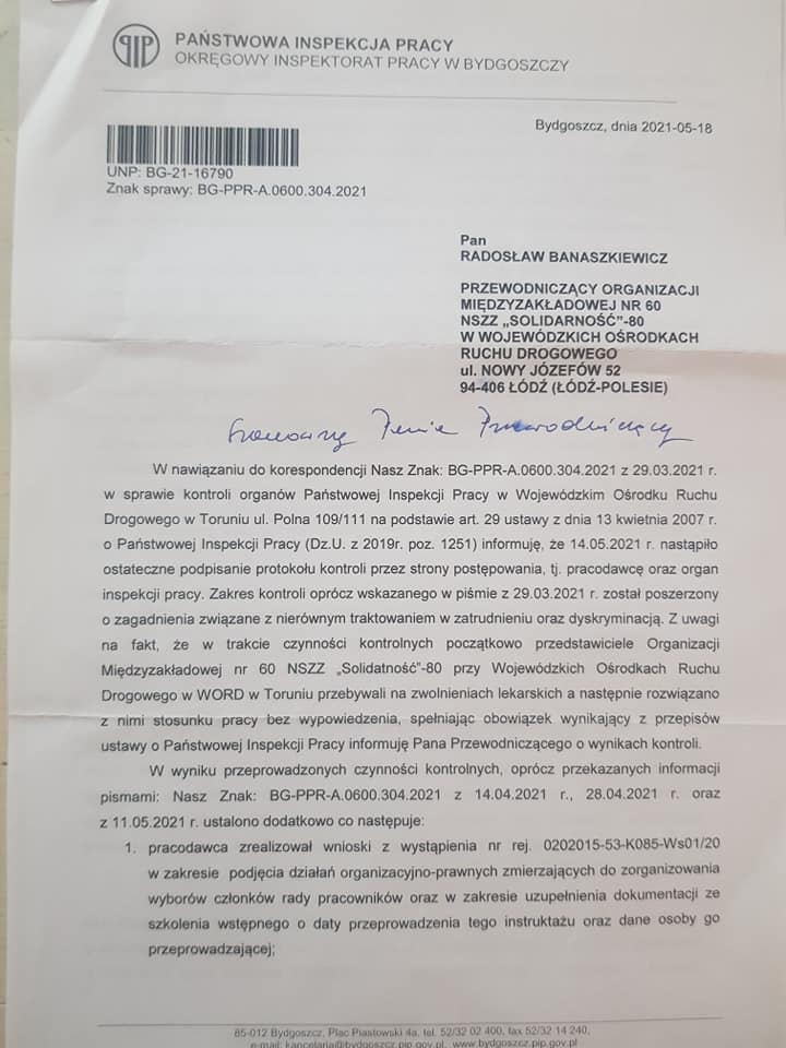 NSZZ "Solidarność"-80 w WORD » Pytamy Zarząd o konsekwencje wyników kontroli PIP w WORD Toruń